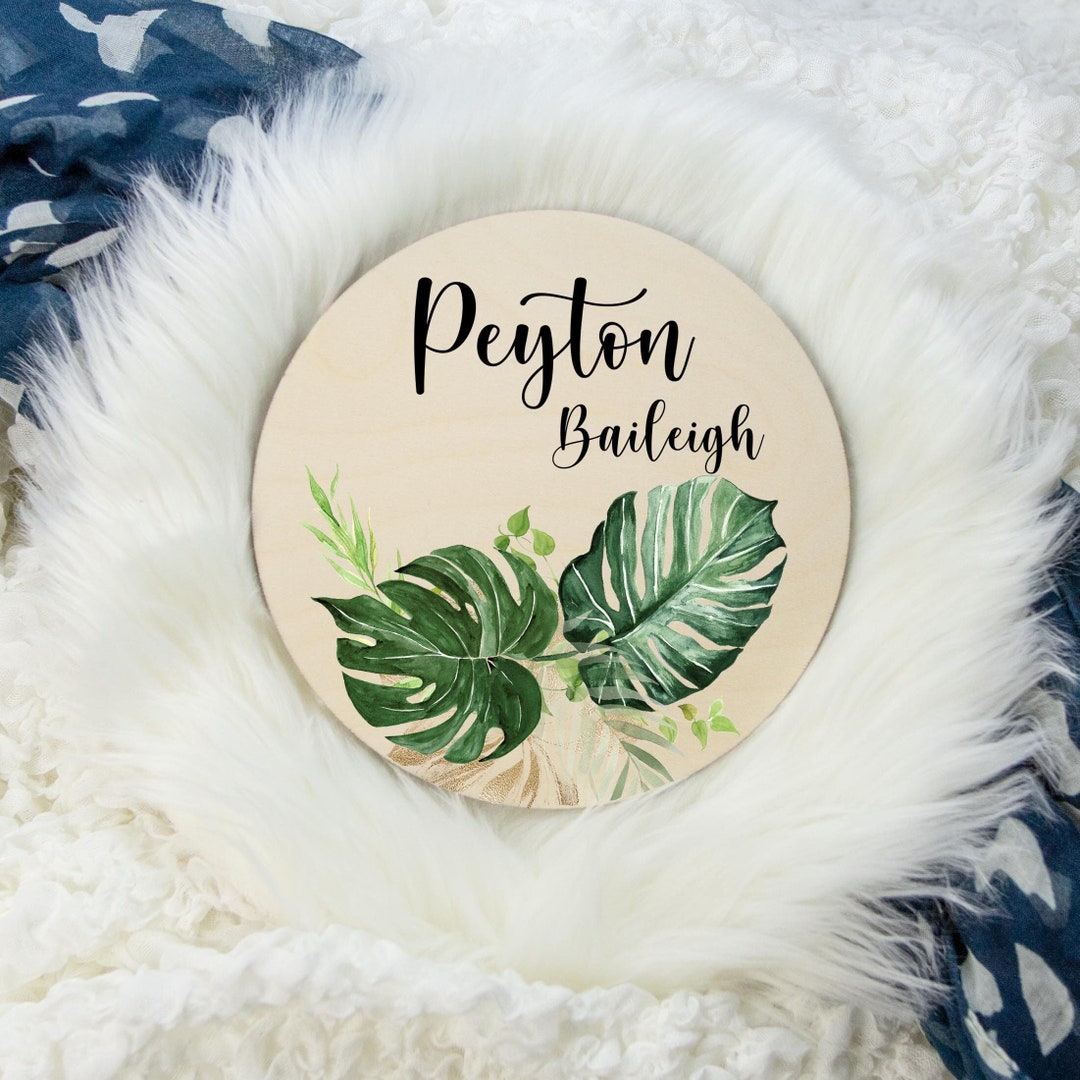Palm Leaves Round Wood Name Sign, Palm Leaf Baby Sign, Round Wood Baby ...