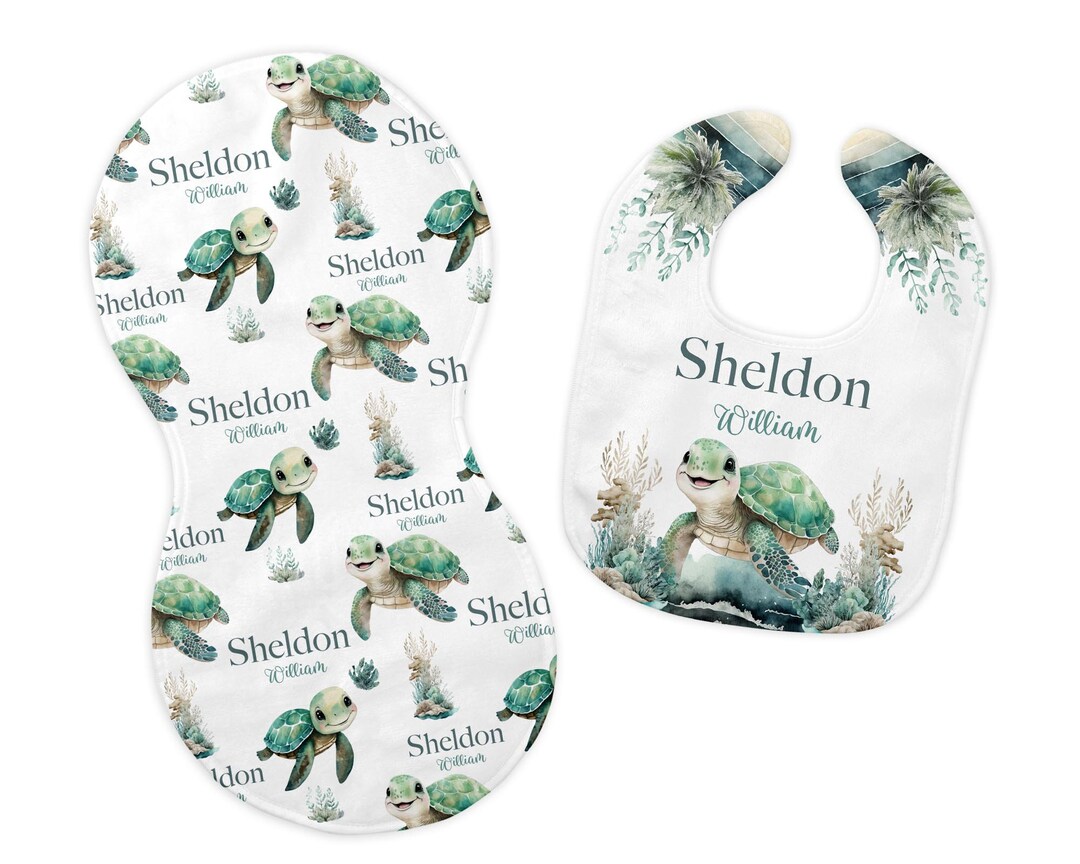 Boy Turtle Bib and Burp Cloth Set, Turtle Bib, Turtle Burp Cloth, Under ...