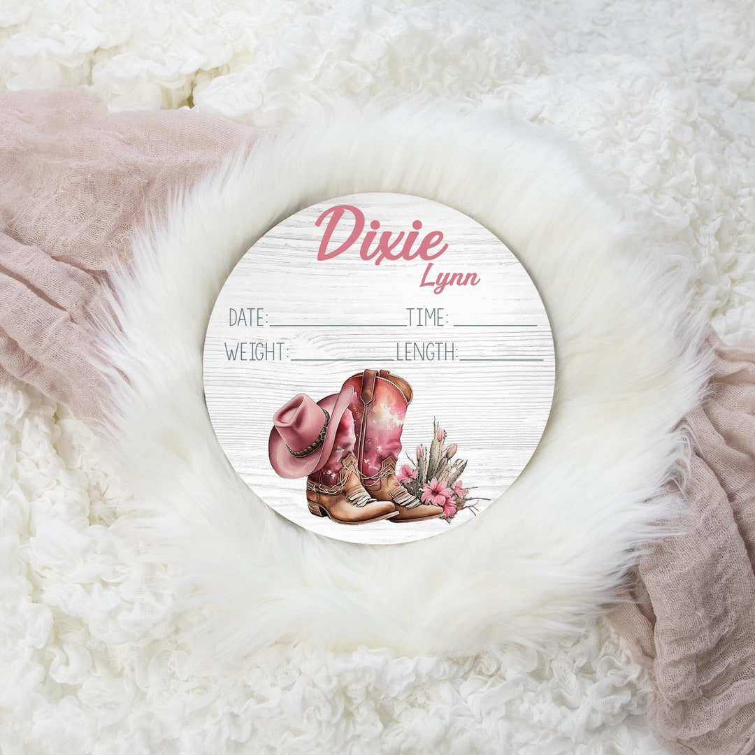 Cowgirl Birth Stat Sign, Round Wood Birth Stat Sign, Western Birth Stat ...