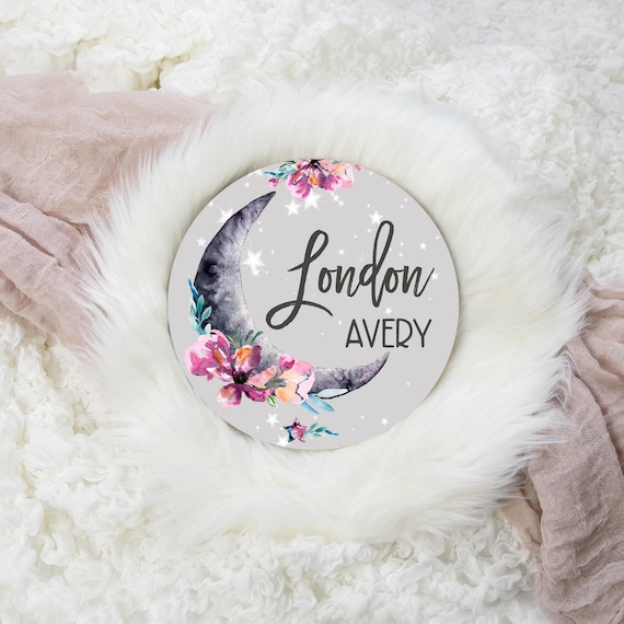 Floral Moon Name Sign Luna Baby Sign Round Wood Baby Name | Etsy
