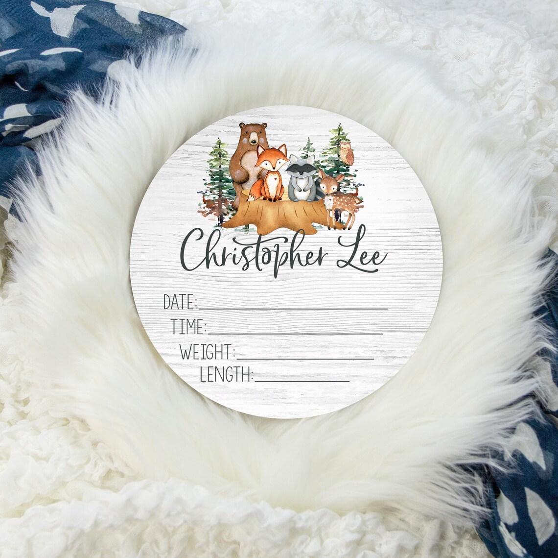 Woodland Animal Birth Stat Sign Round Wood Stat Sign | Etsy