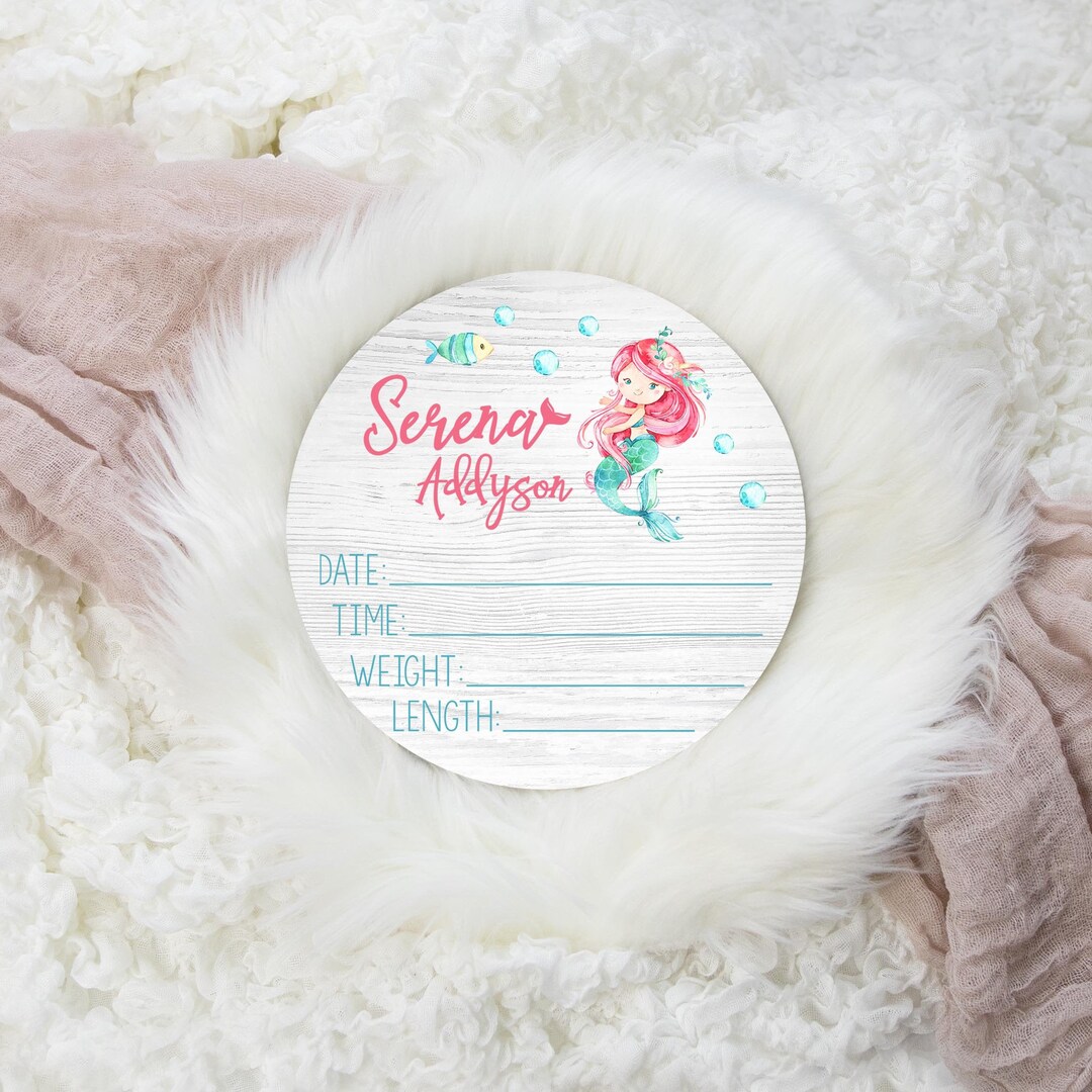 Mermaid Birth Stat Sign, Mermaid Baby Sign, Round Wood Birth Stat Sign ...
