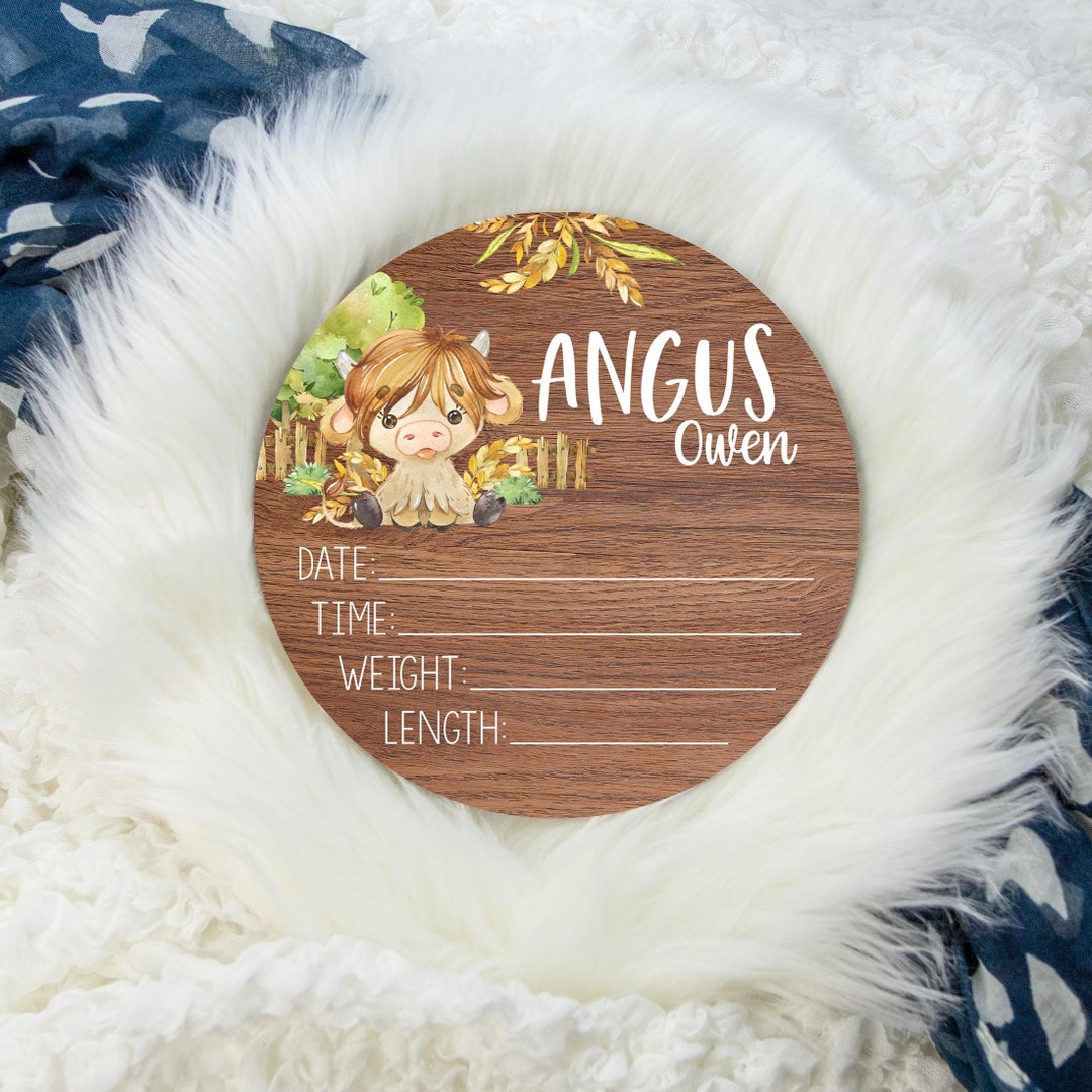 Highland Cow Birth Stat Sign, Cow Birth Stat Sign, Round Wood Birth ...