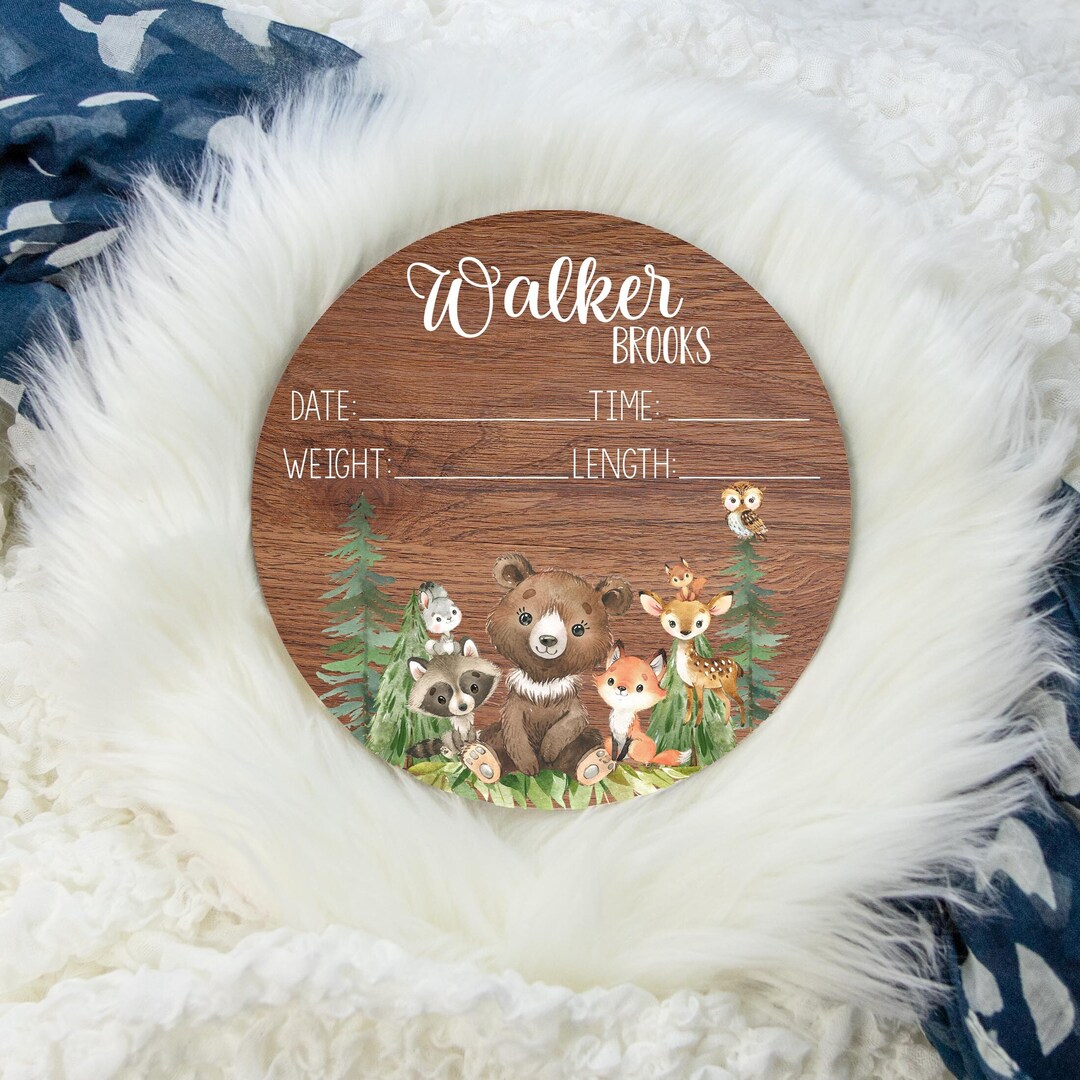 Woodland Birth Stat Sign, Round Wood Birth Stat Sign, Woodland Animal ...