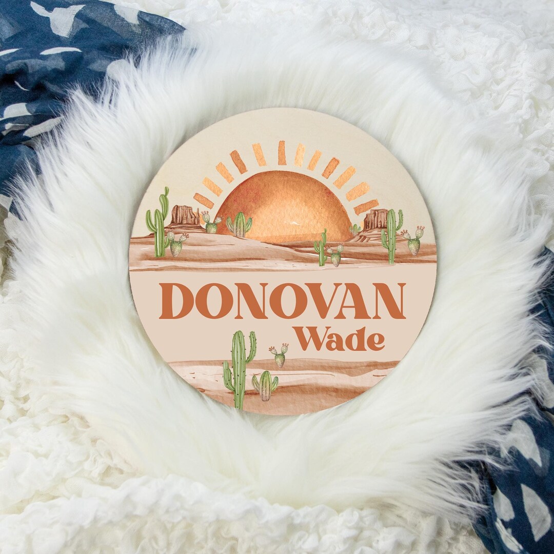 Desert Sun Name Sign, Desert Cactus Baby Sign, Round Wood Baby Name ...