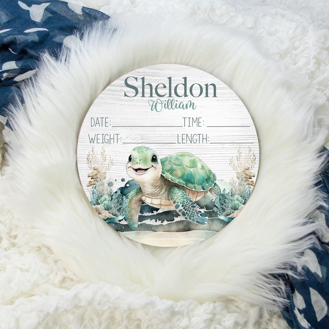 Turtle Birth Stat Sign, Ocean Birth Stat Sign, Round Wood Birth Stat ...