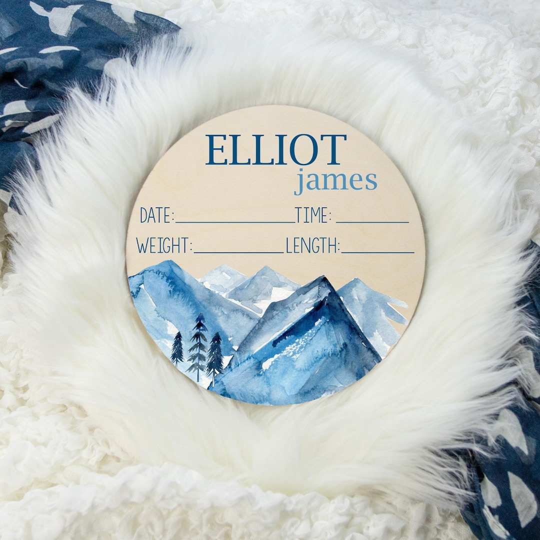 Boy Birth Stat Sign, Round Wood Birth Stat Sign, Mountains Nursery ...