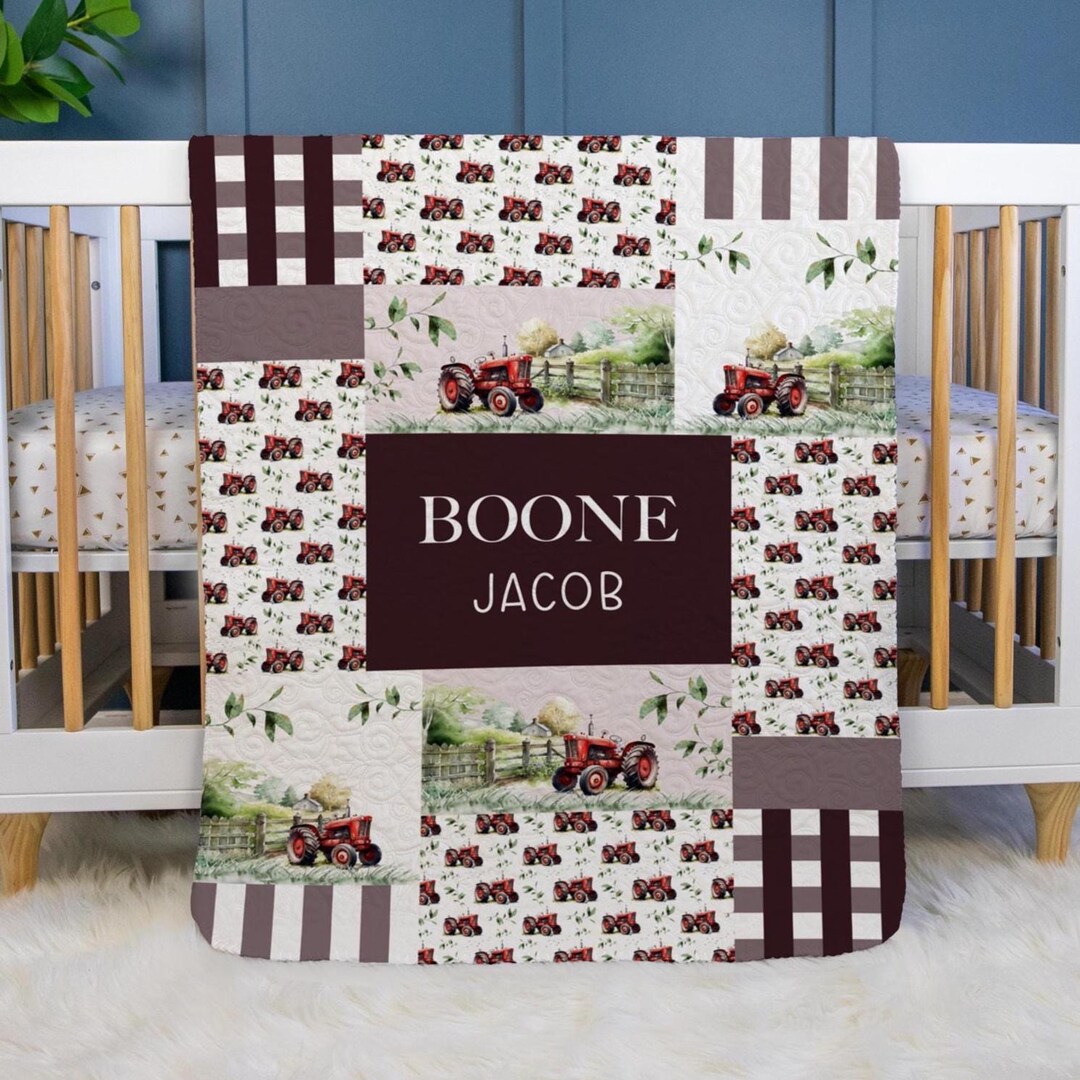 Red Tractor Baby Quilt, Personalized Baby Tractor Quilt, Optional ...