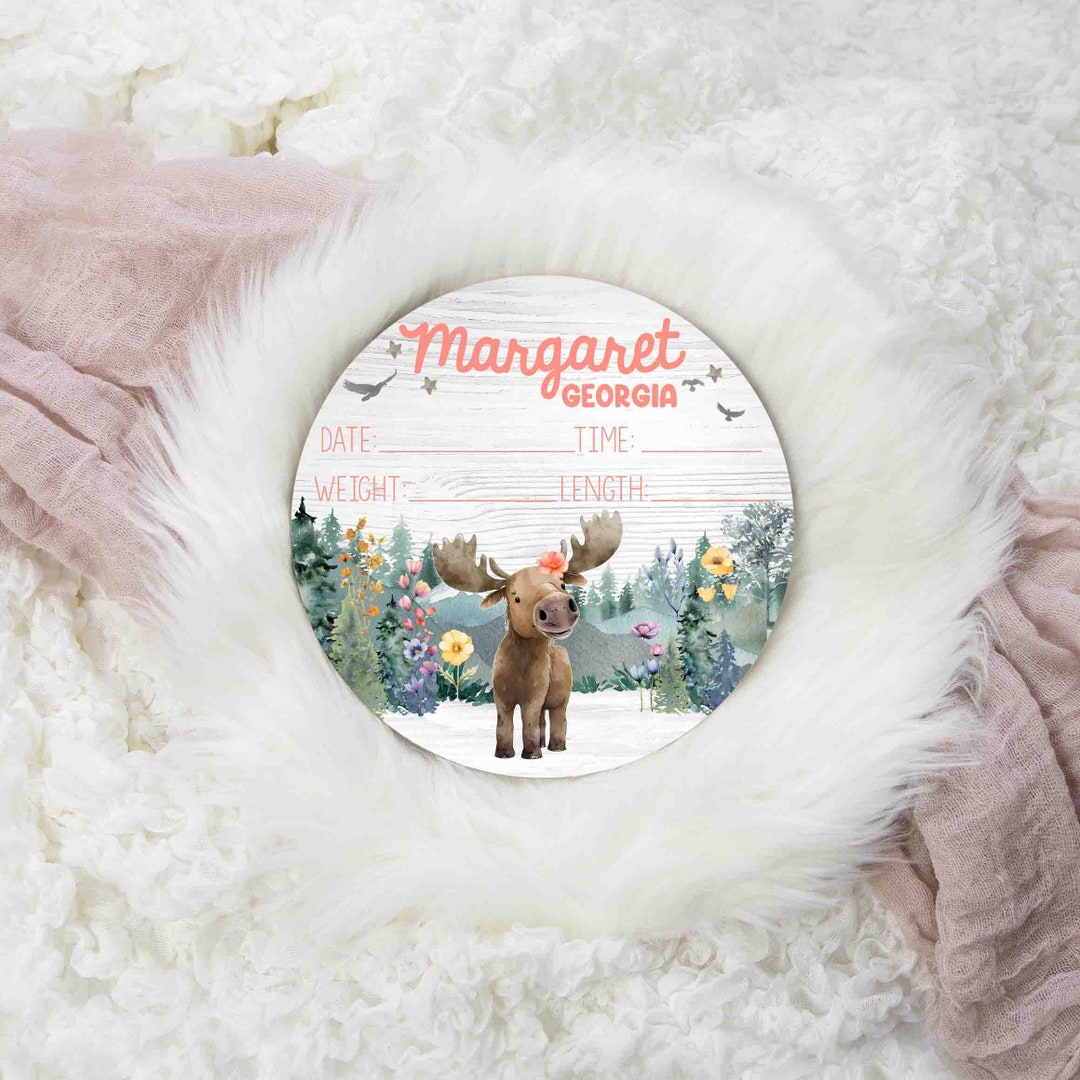 Woodland Moose Birth Stat Sign, Forest Birth Stat Sign, Round Wood ...