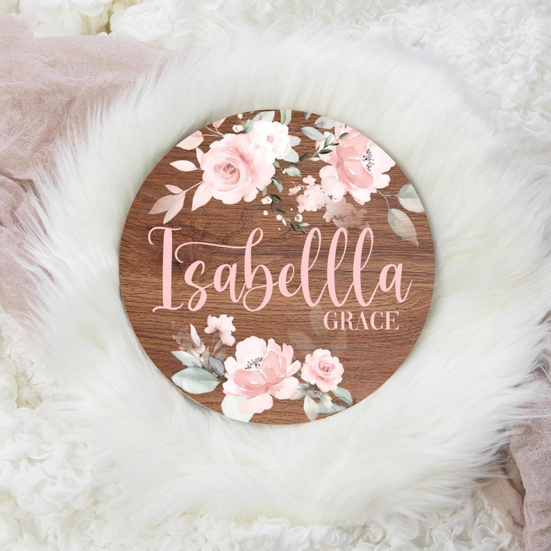 Blush Rose Floral Round Wood Name Sign Pink Rose Baby Sign - Etsy