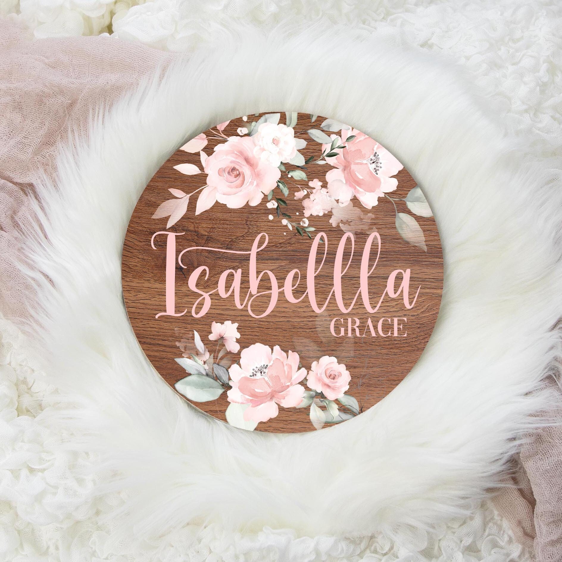 Blush Rose Floral Round Wood Name Sign Pink Rose Baby Sign - Etsy