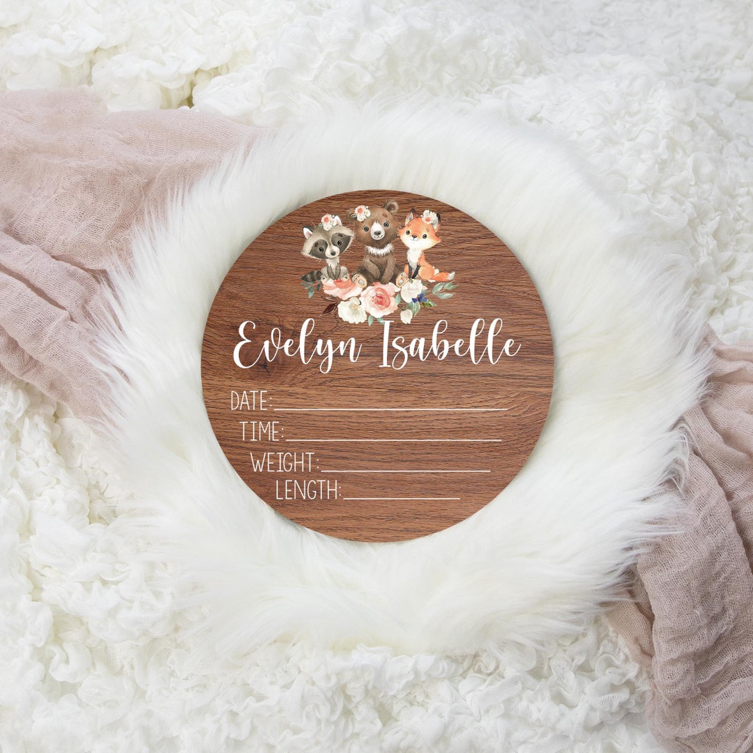 Girl Woodland Birth Stat Sign, Round Wood Birth Stat Sign, Woodland ...