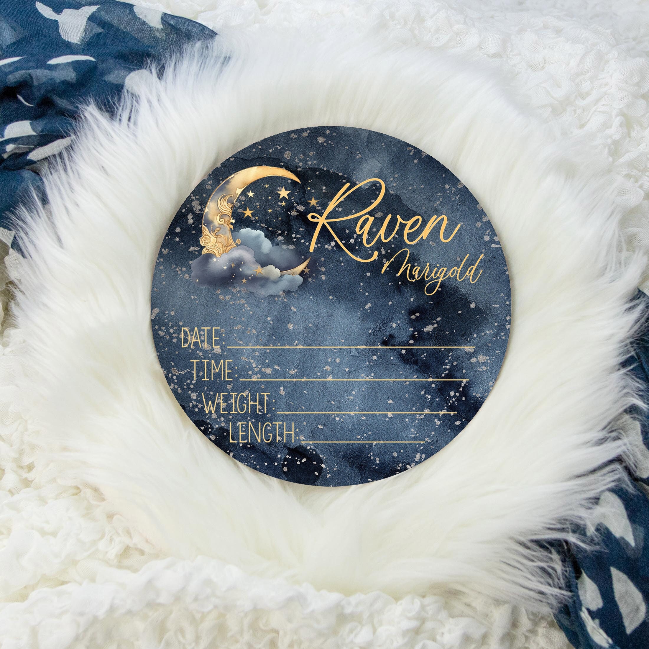 Crescent Moon Birth Stat Sign, Birth Stat Sign, Round Wood Birth Stat ...