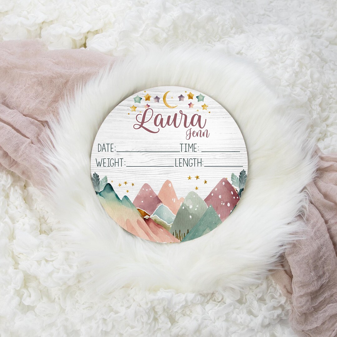 Girl Mountain Birth Stat Sign, Round Wood Birth Stat Sign, Boho Girl ...