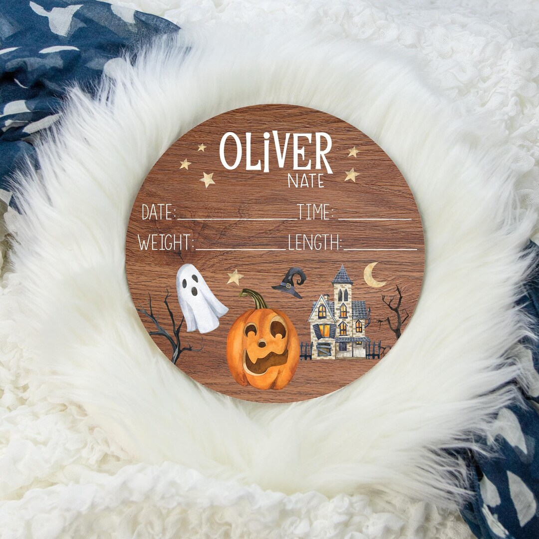 Halloween Birth Stat Sign, Round Wood Birth Stat Sign, Halloween Stat ...