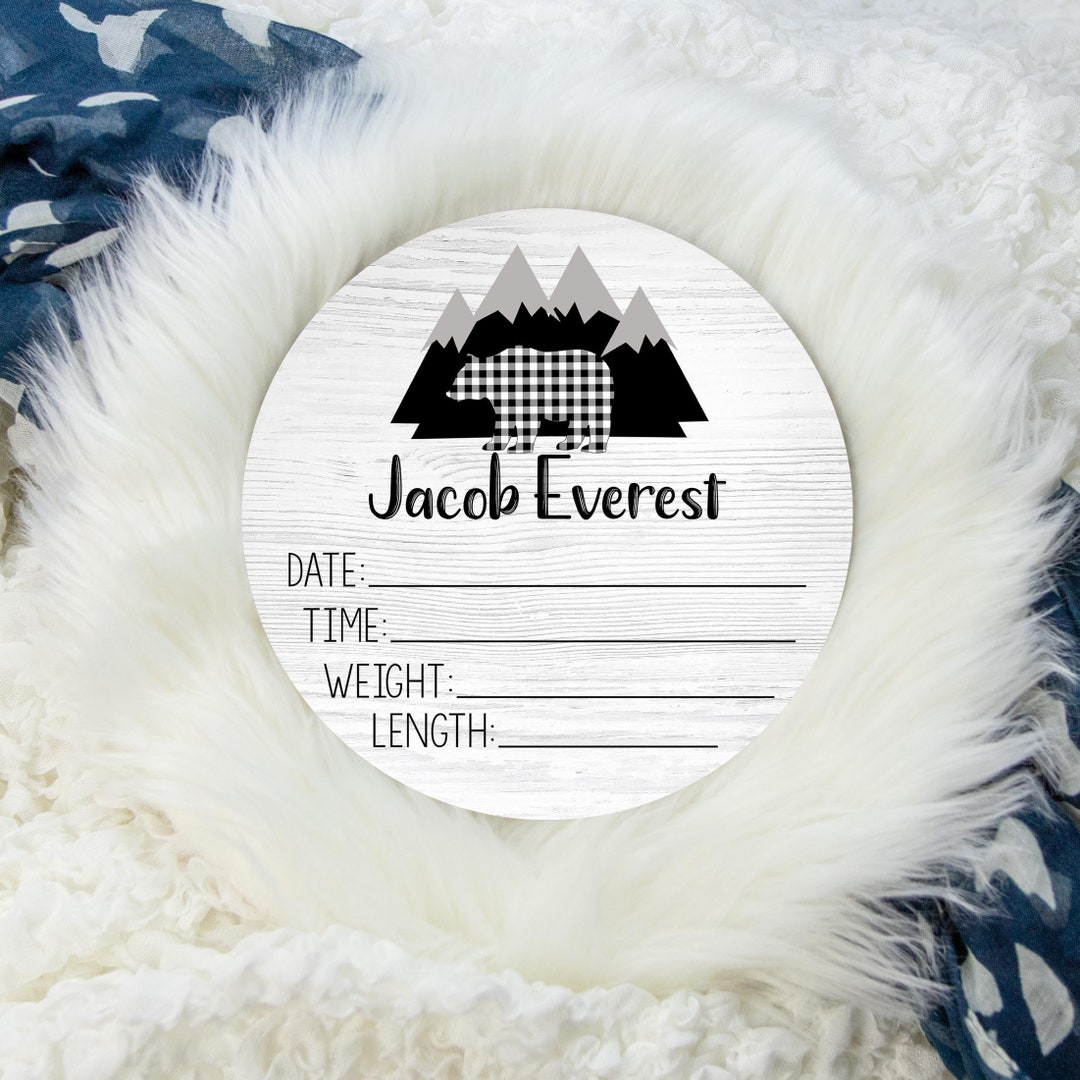Bear Birth Stat Sign, Round Wood Birth Stat Sign, Mountain Nursery ...