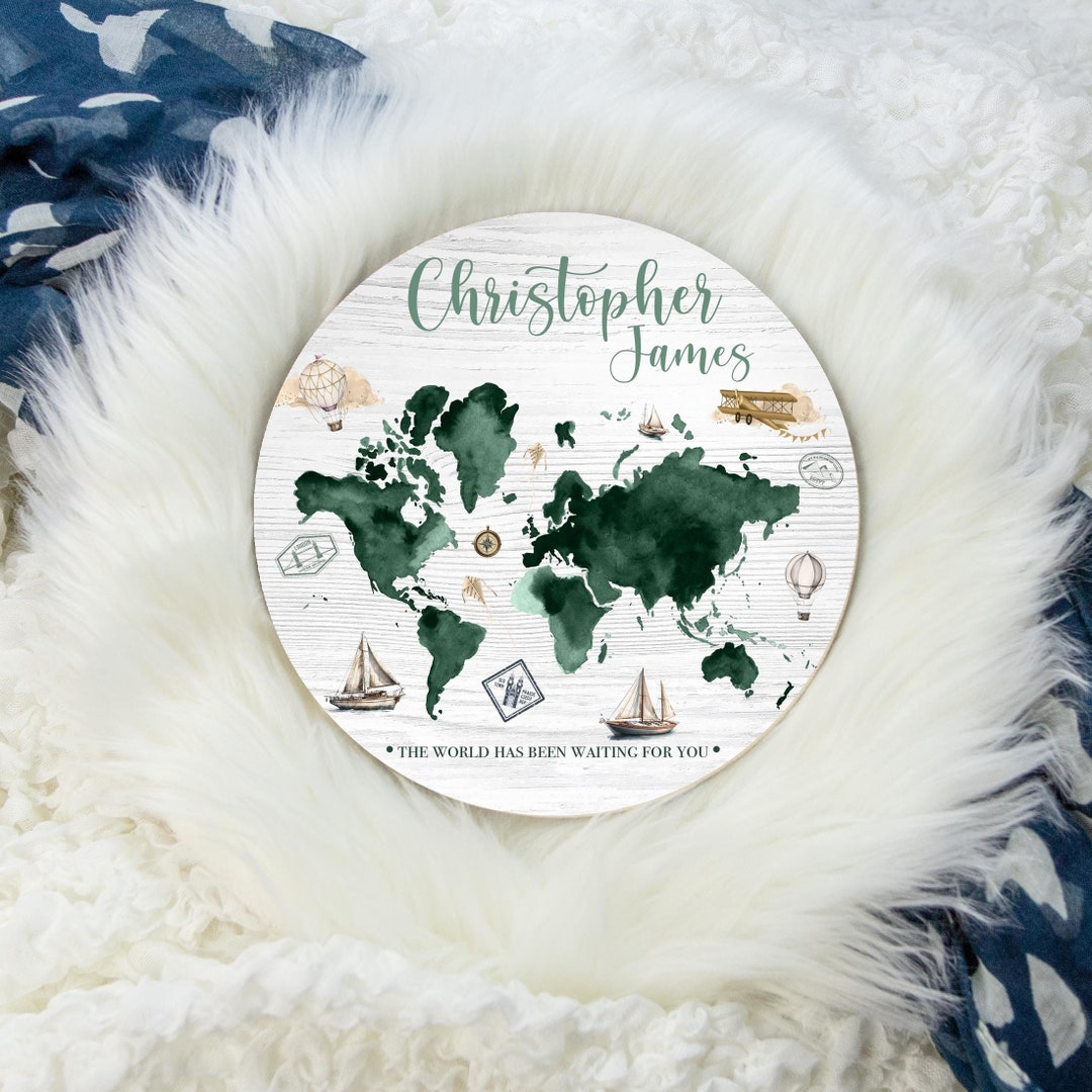 World Map Baby Sign, Round Wood Name Sign, Wood Baby Name Sign ...