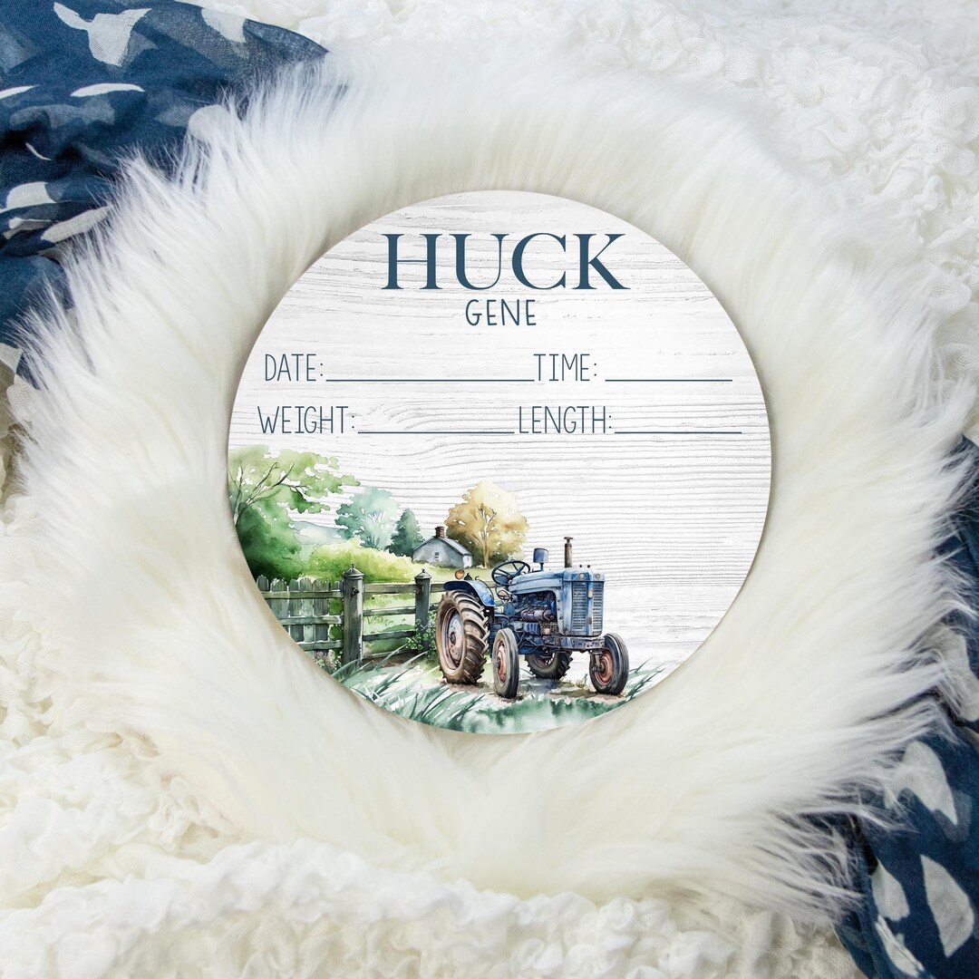 Blue Tractor Birth Stat Sign, Birth Stat Sign, Round Wood Birth Stat ...