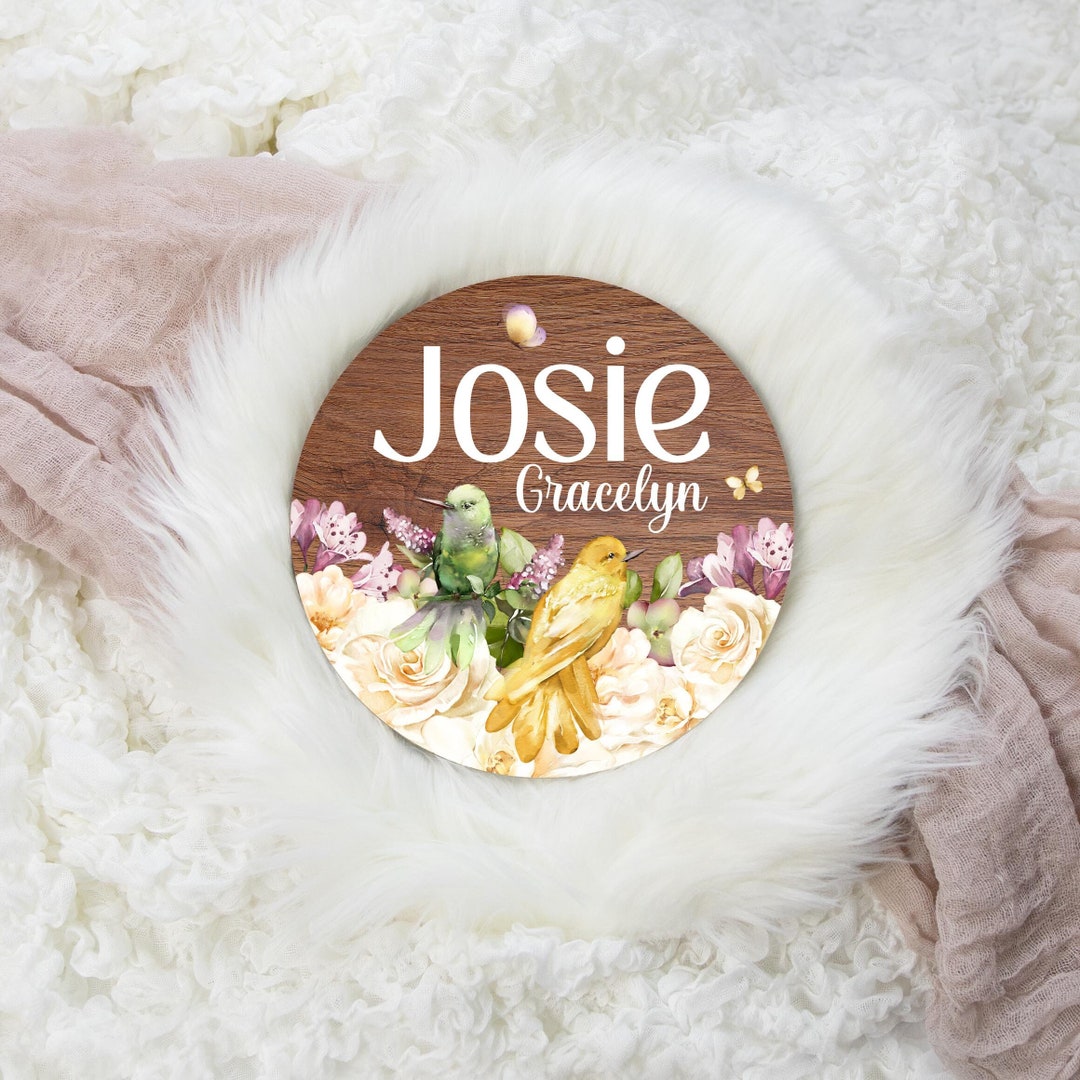 Hummingbird Round Wood Name Sign, Bird Baby Sign, Bird and Roses Round ...