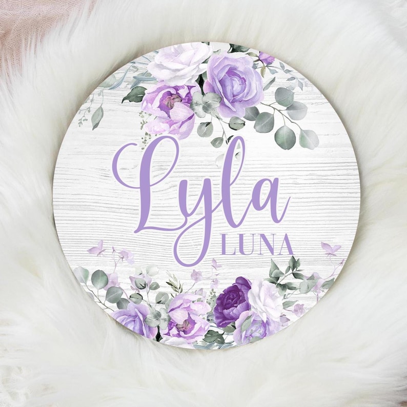 Lavender Floral Round Wood Name Sign, Purple Floral Baby Sign, Round ...