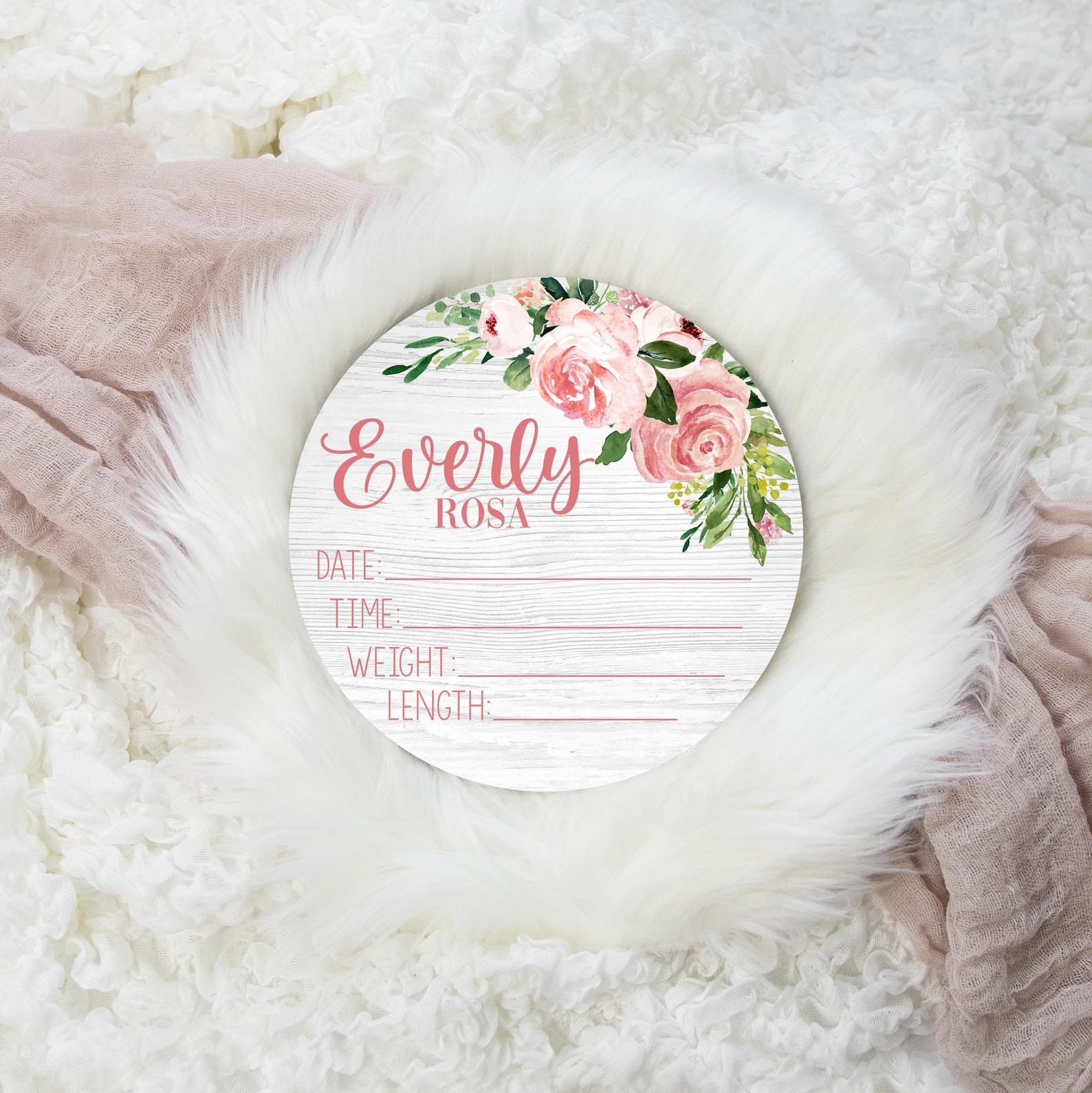 Girl Birth Stat Sign Pink Rose Floral Birth Stat Sign Round | Etsy