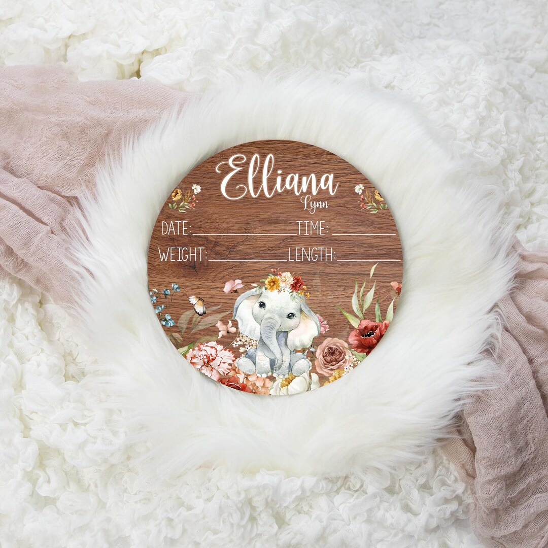 Boho Elephant Birth Stat Sign, Wild Flower Elephant Birth Stat Sign ...