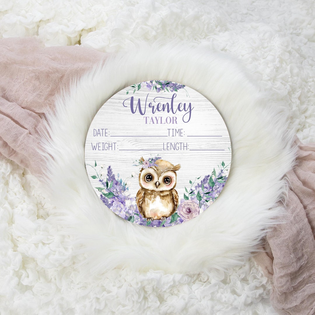 Wisteria Owl Birth Stat Sign, Round Wood Birth Stat Sign, Woodland ...