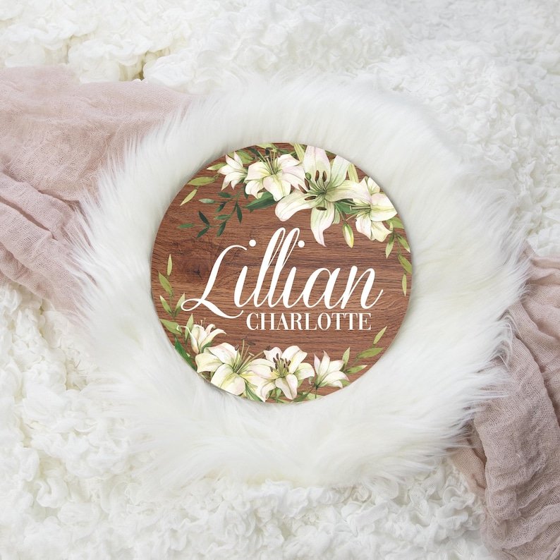 Lily Baby Sign, Round Wood Name Sign, Wood Baby Name Sign, Lily Floral ...