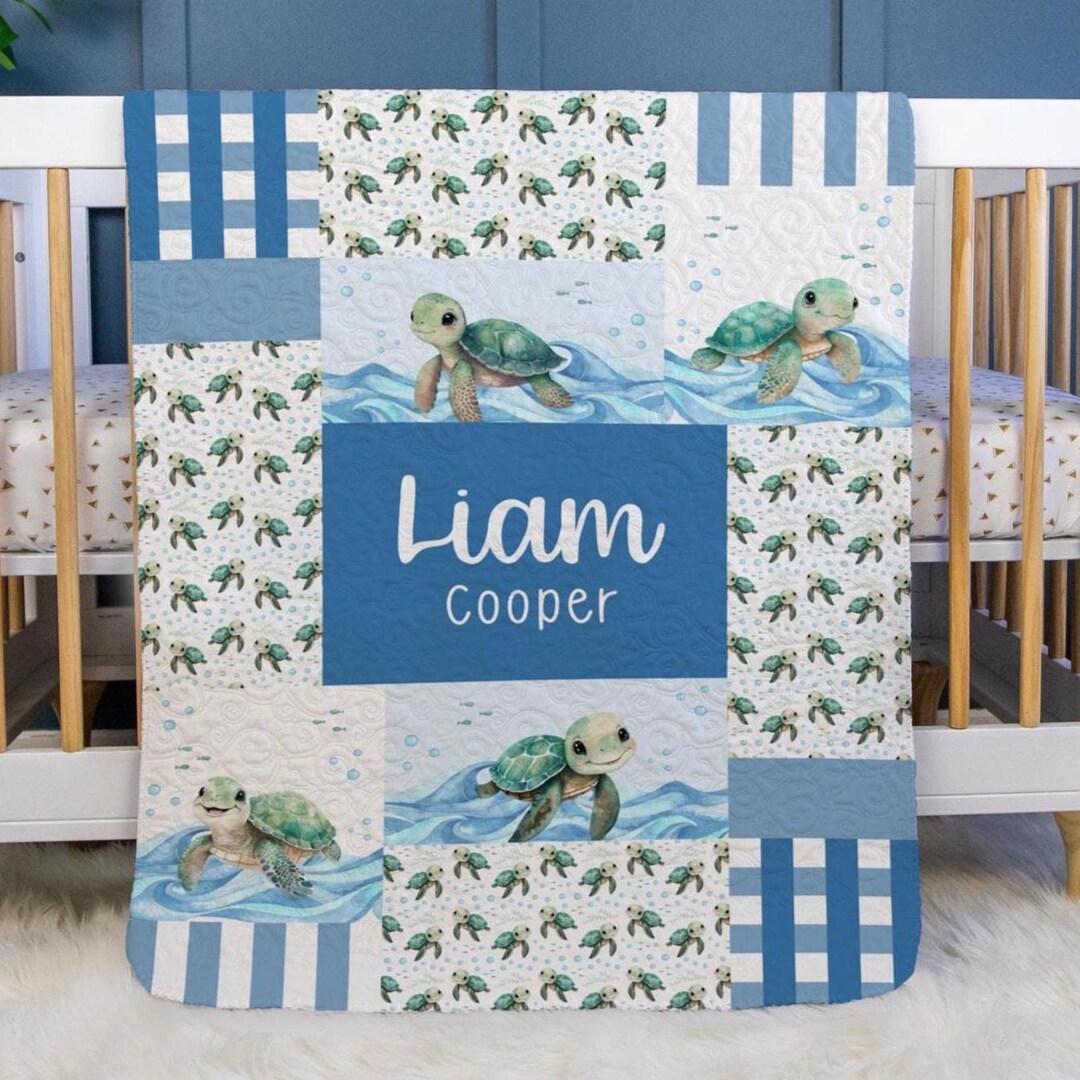 Turtle Baby Quilt, Personalized Baby Turtle Quilt, Optional Bundle With ...
