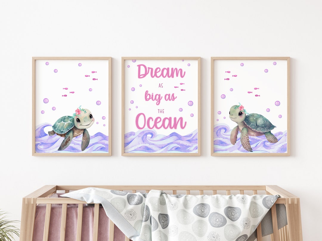 Girl Turtle Nursery Wall Art Poster, Ocean Nursery Decor, Ocean Life ...