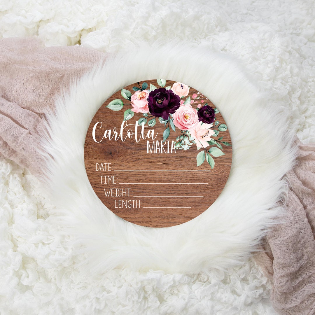Floral Birth Stat Sign, Round Wood Birth Stat Sign, Plum and Blush ...