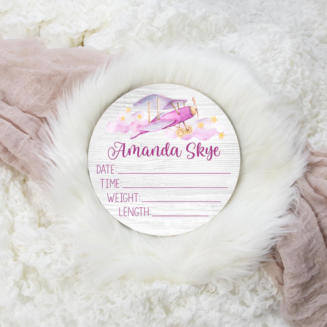 Girl Airplane Birth Stat Sign, Round Wood Birth Stat Sign, Airplane ...