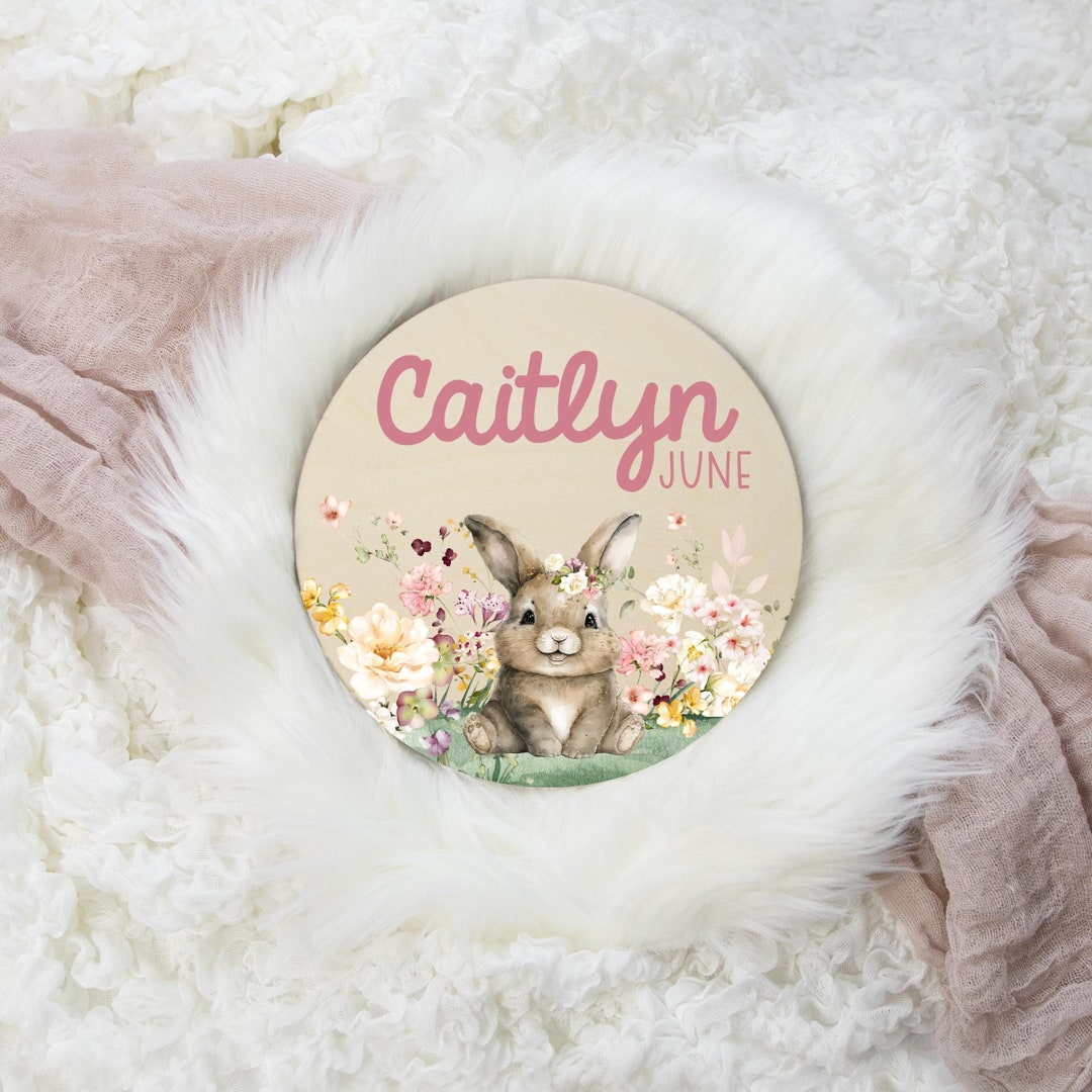 Bunny Name Sign, Rabbit Round Wood Name Sign, Woodland Rabbit Baby Sign ...