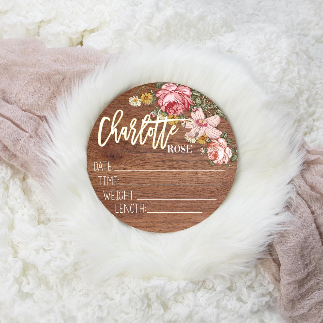 Baby Birth Stat Sign, Boho Vintage Floral Birth Stat Sign, Round Wood ...