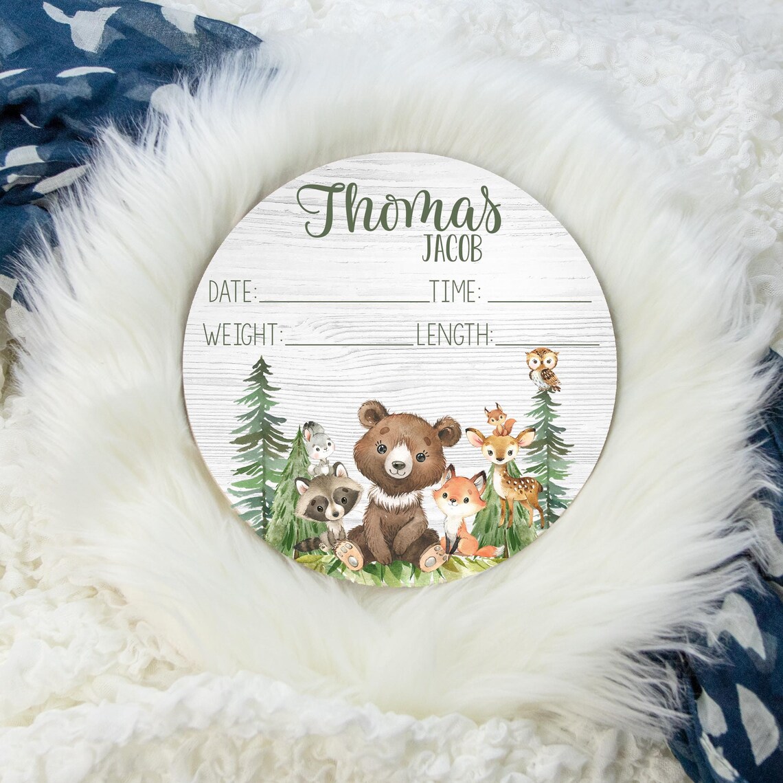 Woodland Birth Stat Sign Round Wood Birth Stat Sign Woodland | Etsy