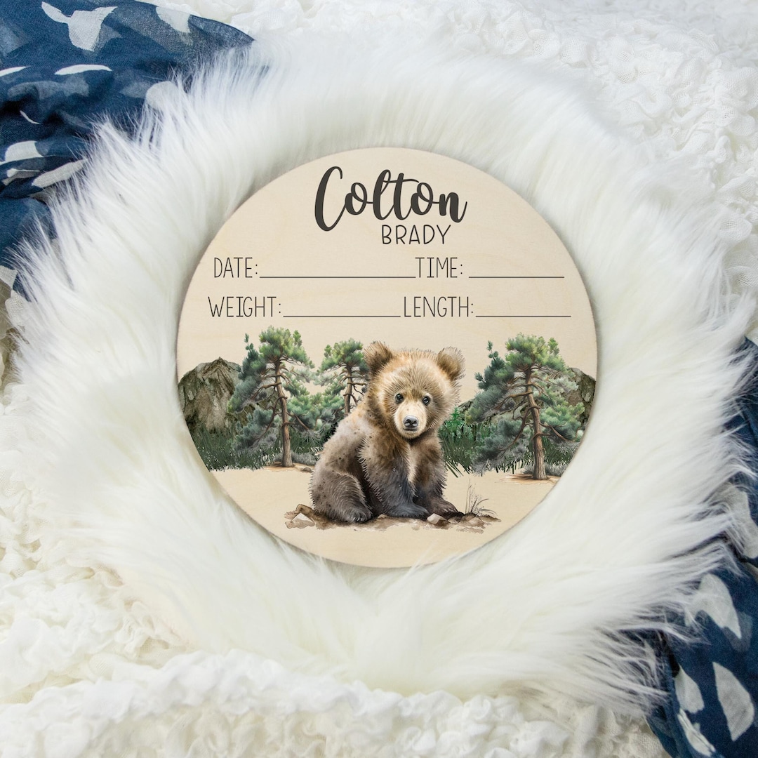 Bear Birth Stat Sign, Round Wood Birth Stat Sign, Woodland Nursery ...