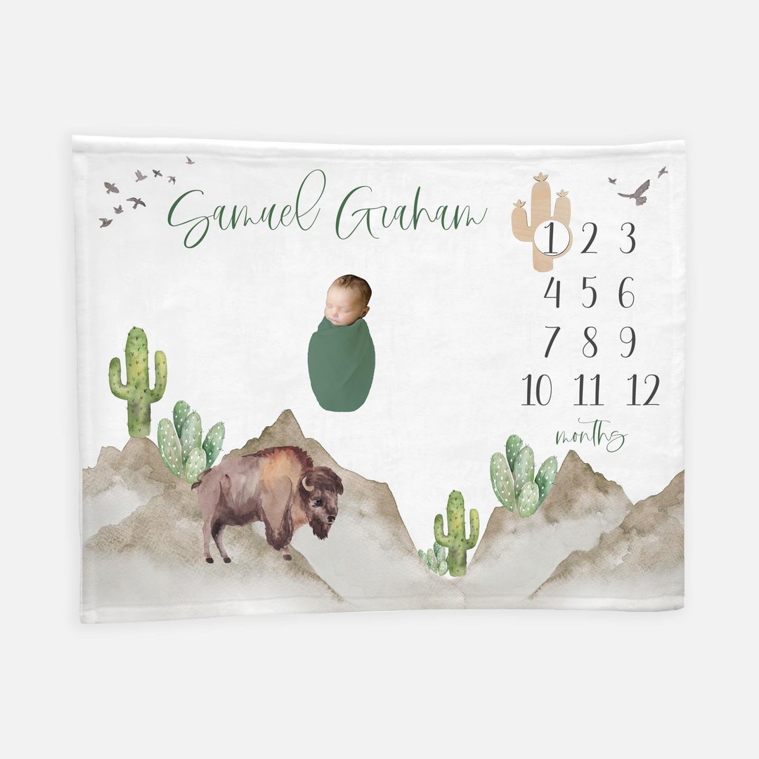Bison Buffalo Cactus Baby Milestone Blanket, Cacti Baby Milestone ...
