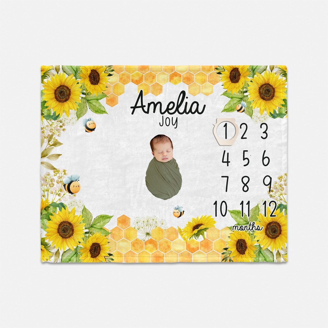 Sunflower Honey Bee Baby Milestone Blanket, Girl Milestone Blanket ...