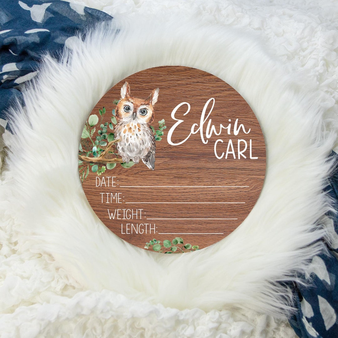 Owl Birth Stat Sign, Round Wood Birth Stat Sign, Woodland Birth Stat ...