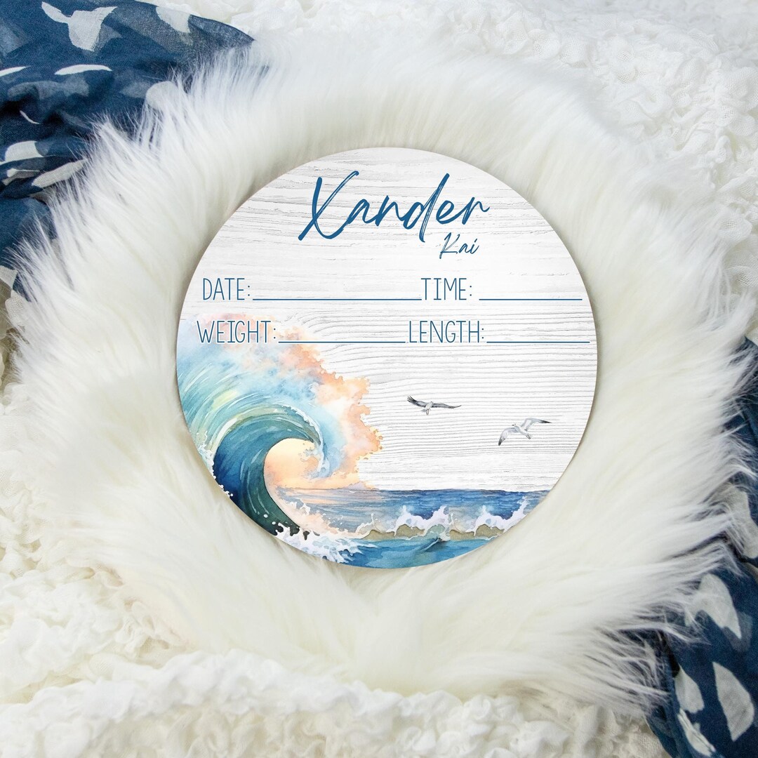 Ocean Birth Stat Sign, Round Wood Birth Stat Sign, Ocean Wave Birth ...