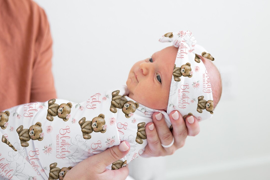 Girl Teddy Bear Swaddle Set, Personalized Teddy Bear Baby Blanket, Bear ...