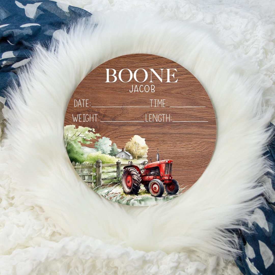 Red Tractor Birth Stat Sign, Birth Stat Sign, Round Wood Birth Stat ...