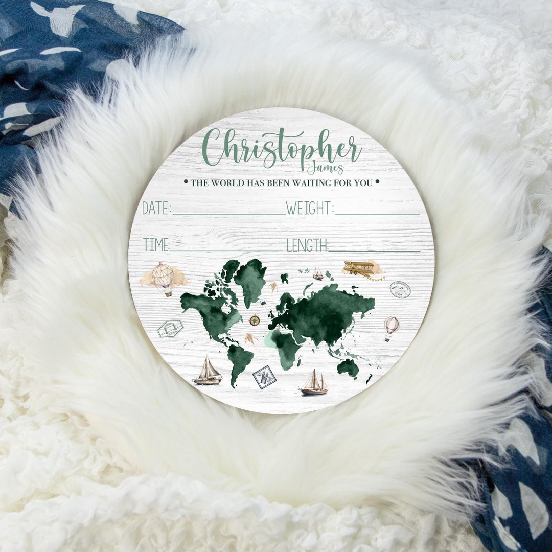 World Map Birth Stat Sign, Round Wood Birth Stat Sign, World Map Travel ...