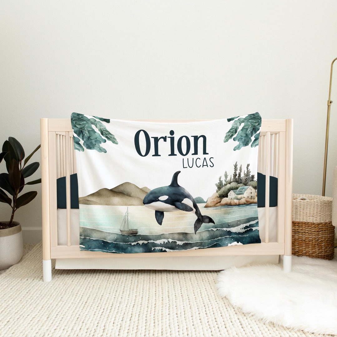 Orca Whale Baby Blanket, Nautical Crib Bedding, Personalized Baby ...