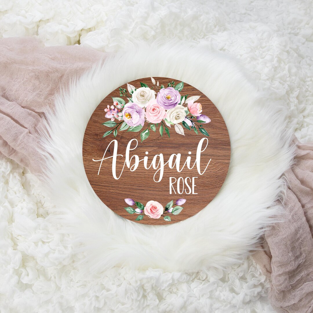 Pink and Purple Floral Round Wood Name Sign, Pink Floral Baby Sign ...