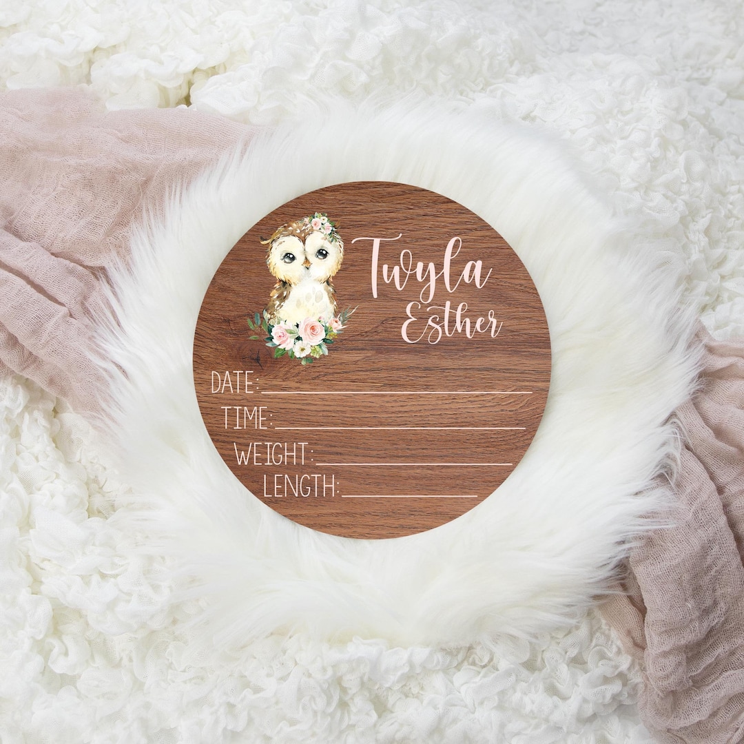 Owl Birth Stat Sign, Round Wood Birth Stat Sign, Woodland Birth Stat ...