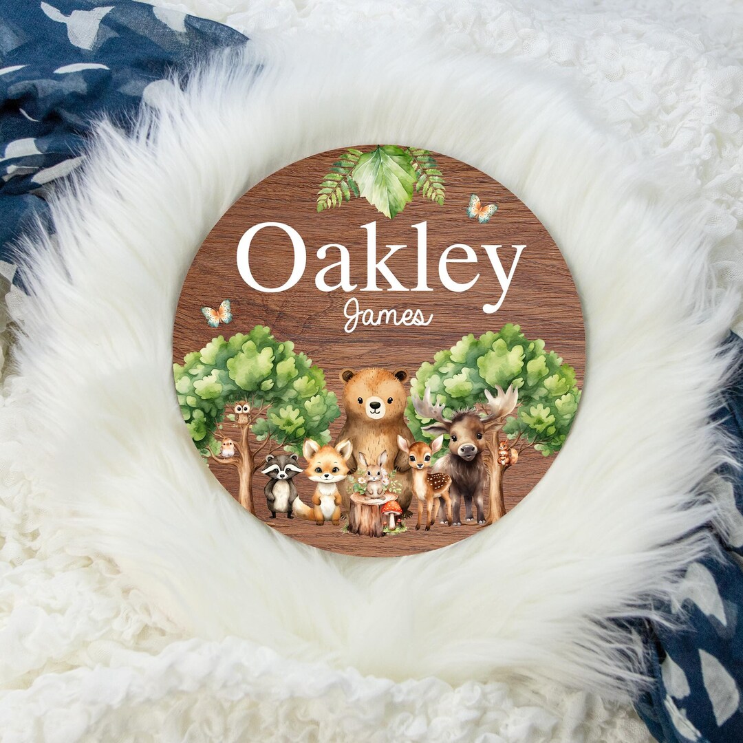 Woodland Animal Name Sign, Woodland Nursery Baby Sign, Round Wood Name ...