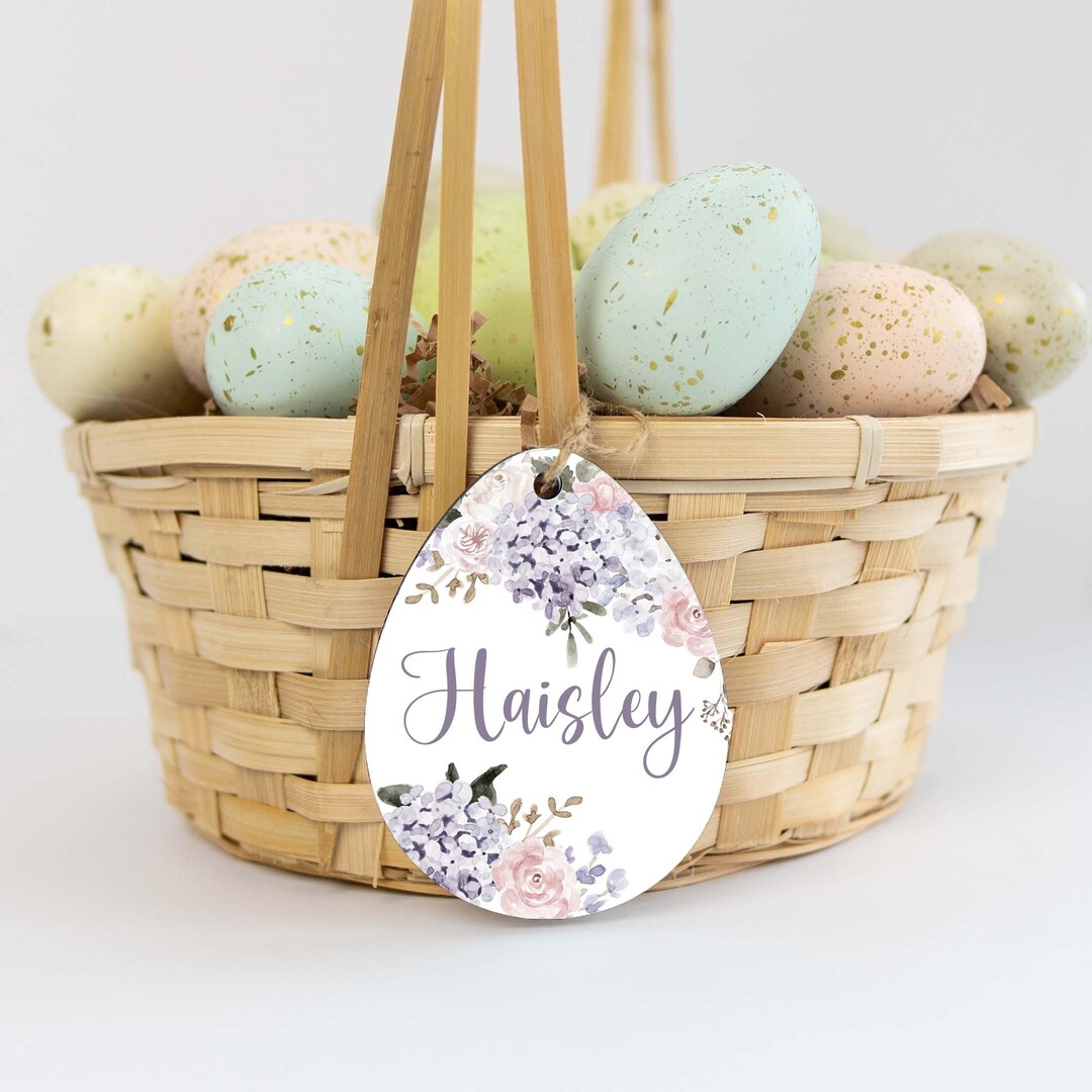 Hydrangea Floral Easter Basket Name Tag, Personalized Name Tag, Wooden ...