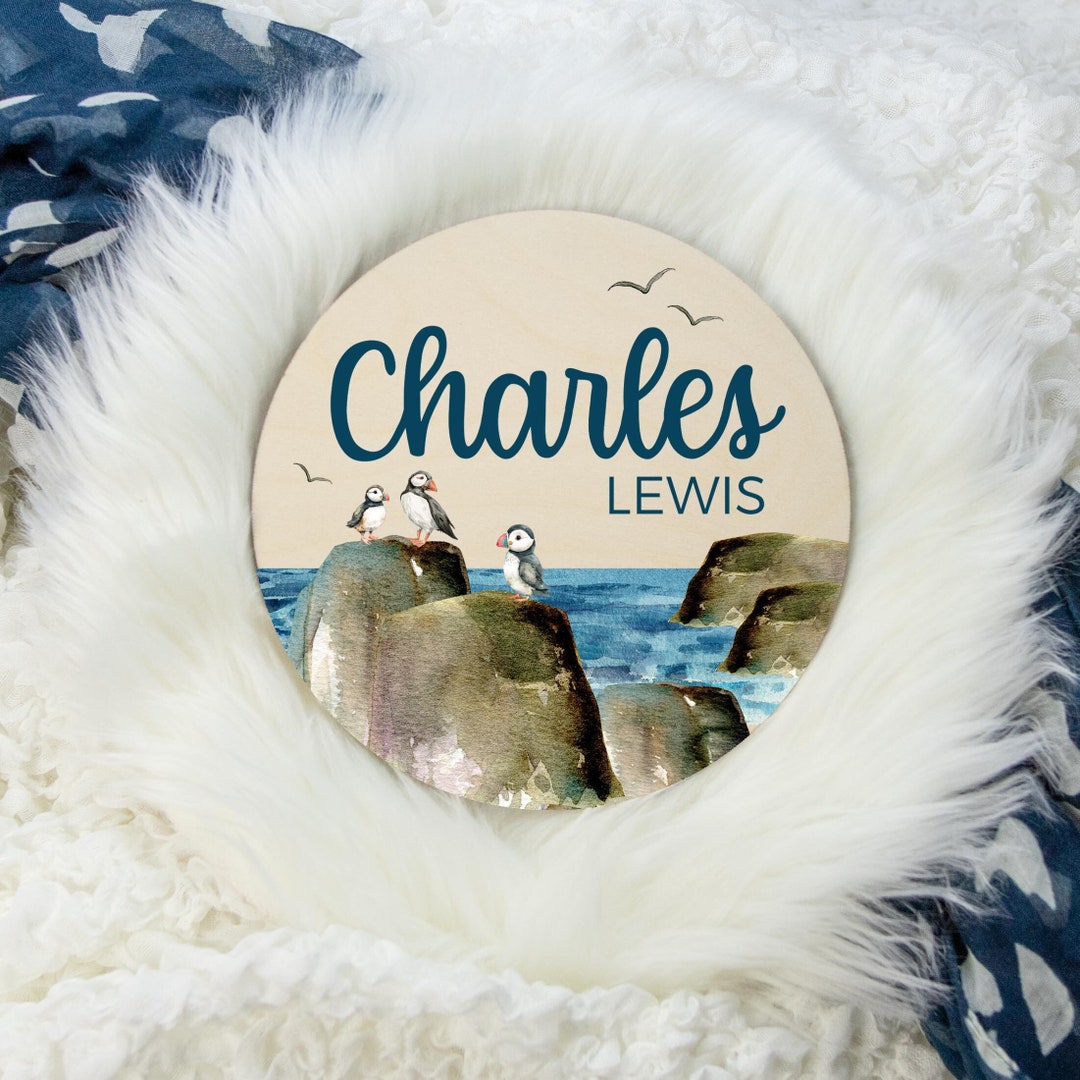 Puffin Baby Name Sign, Round Wood Name Sign, Wood Name Sign, Puffin ...
