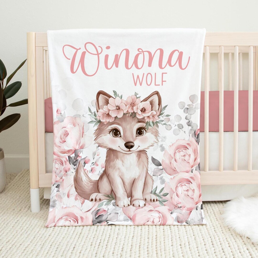 Girl Wolf Baby Blanket, Floral Wolf Baby Blanket, Wolf Blanket, Wolf ...